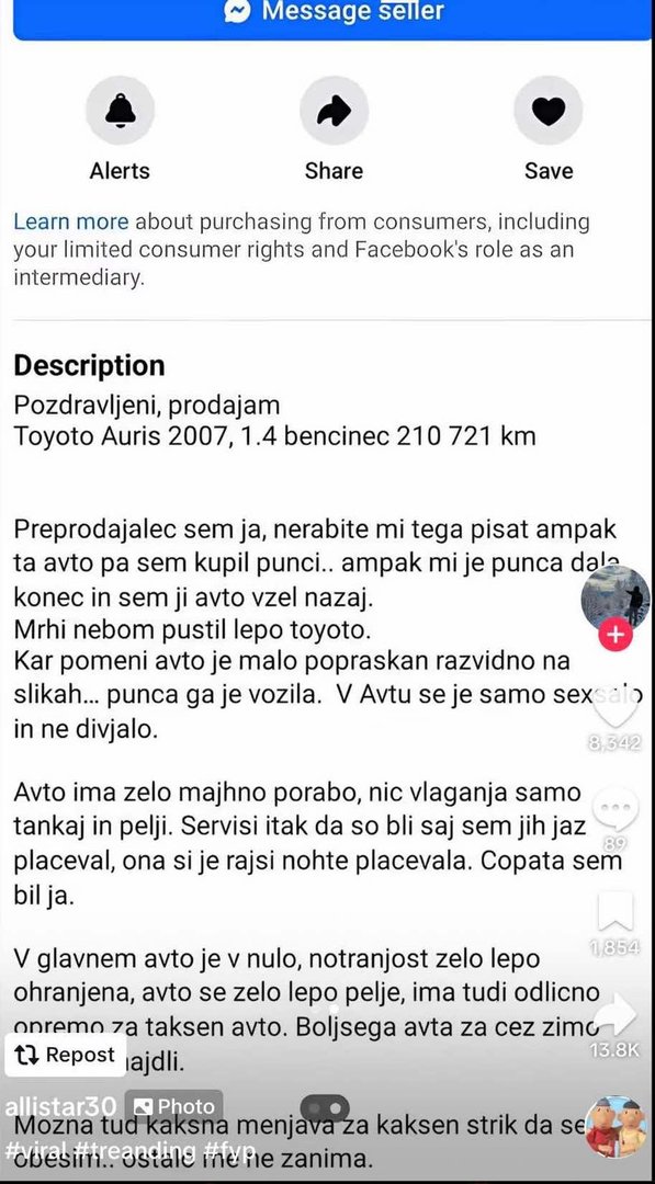 Oglas, ki je požel veliko smeha, pa tudi zgražanja. Ni pa jasno, ali mu je avto uspelo prodati ...